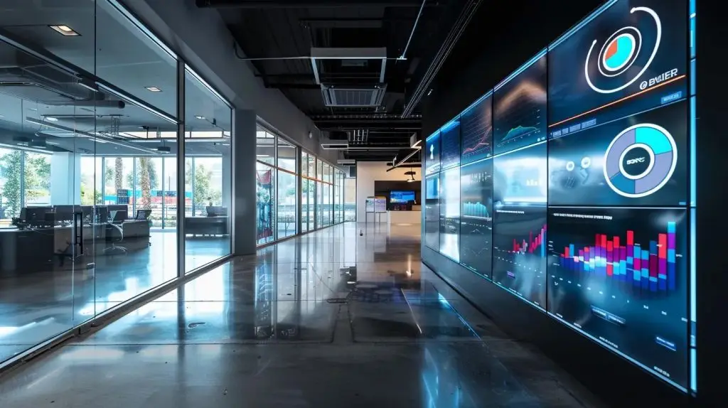 a sleek, modern office environment showcases a digital dashboard ...